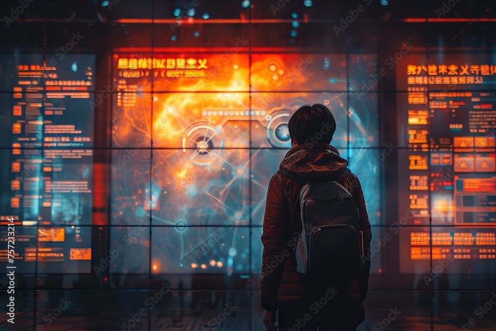 IT specialist in front of monitors and holograms with an interface and ...