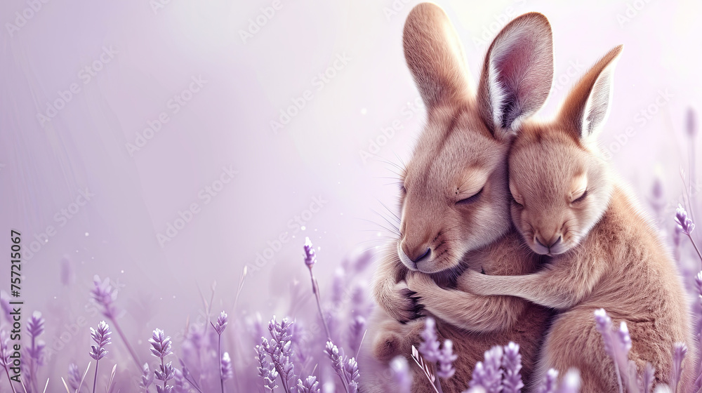 Kangaroo mom hugging baby kangaroo with lavander on the lilac ...