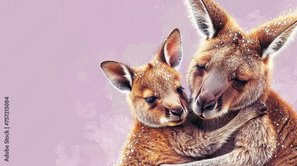 Kangaroo mom hugging baby kangaroo on the lilac background Stock ...