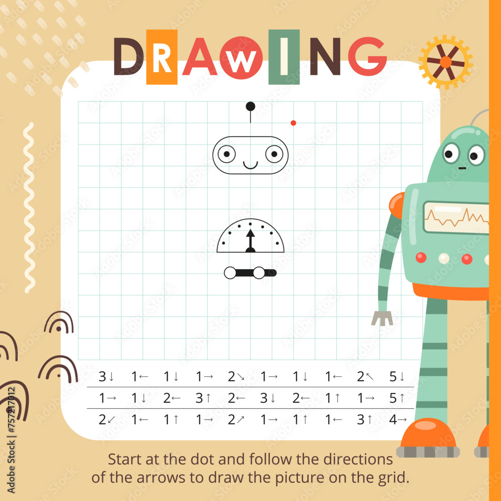 Cute Robots activities for kids. Graphic dictation – Robot. Math game ...