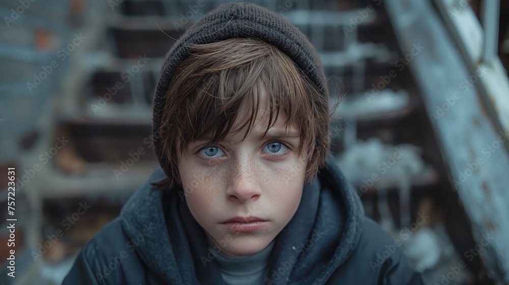 Depressed boy sitting alone at school stairs, Victim of school bullying ...