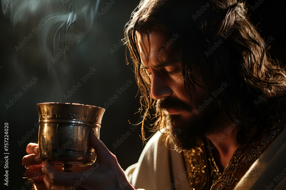 Jesus Christ holds the cup, presenting the sacrament of the Eucharist ...