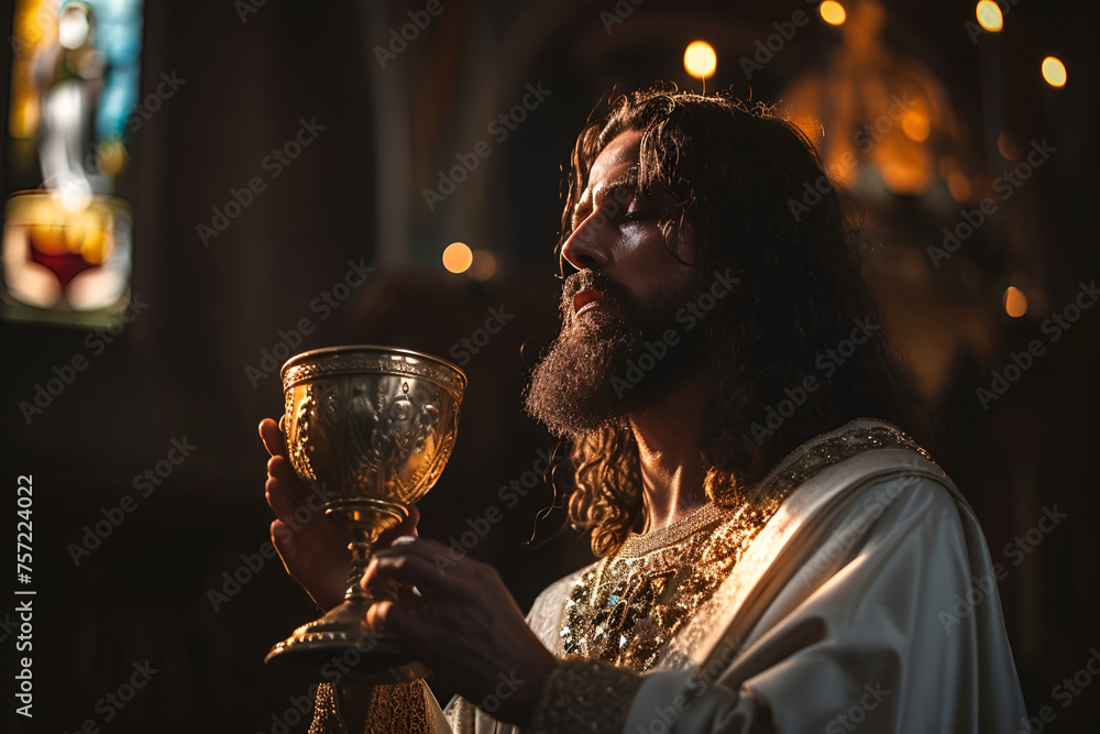 Jesus Christ holds the sacred cup, offering the sacrament of the holy ...