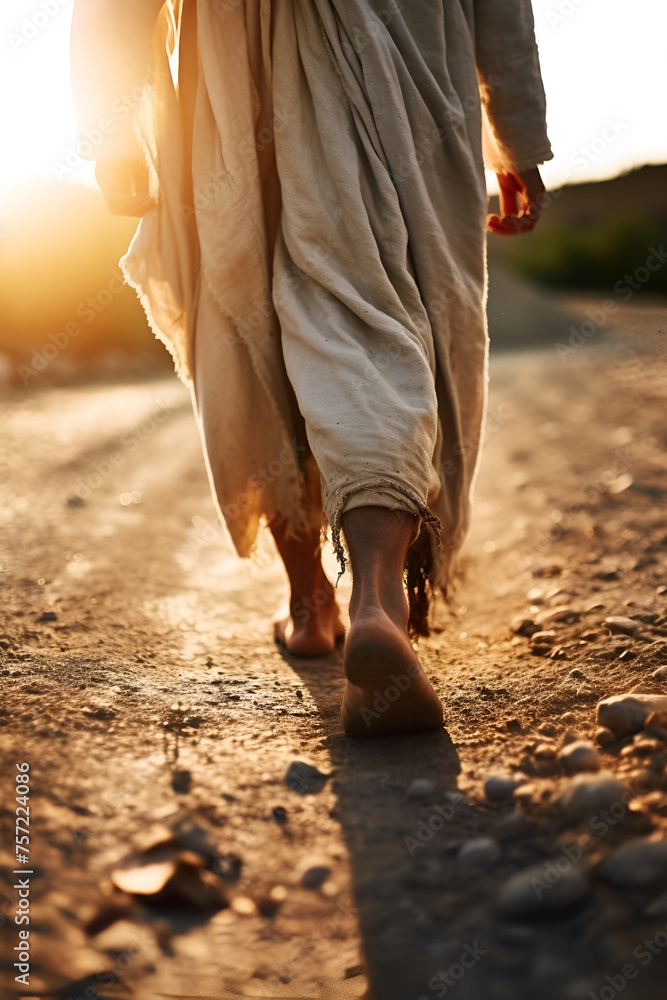 Jesus Christ is walking barefoot on the road, sunlight, he is risen ...