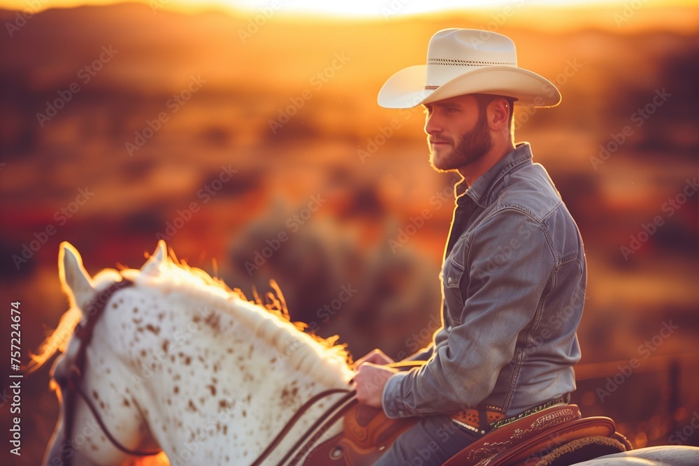 handsome cowboy with a white hat and cowboy clothes on a white horse ...