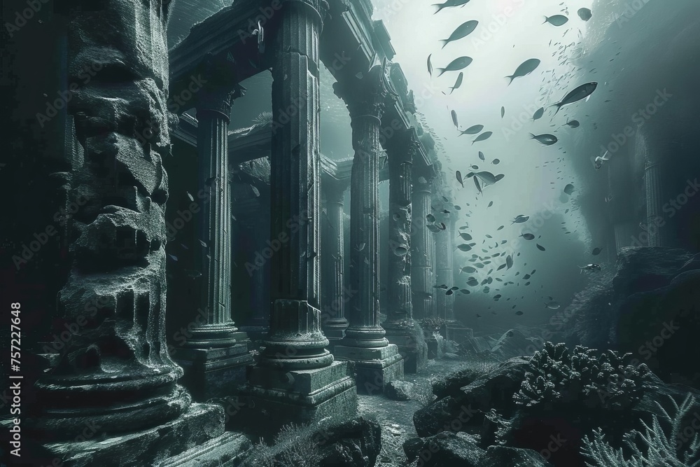 An underwater Roman palace with marble columns and fish swimming around ...