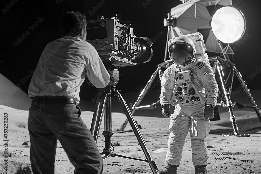 Cameraman films an astronaut actor on a movie set, black and white ...