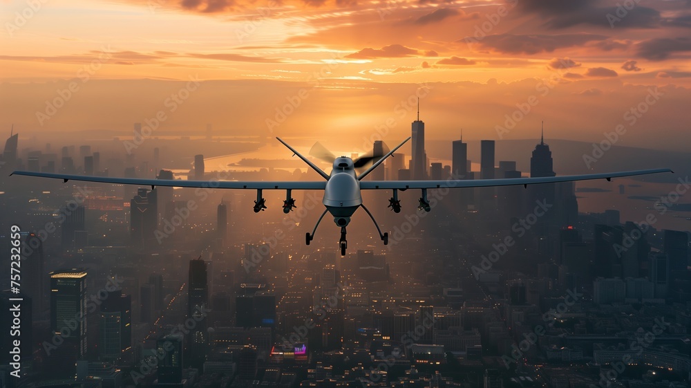 Unmanned Military Drone in the modern city megapolis sky through clouds ...