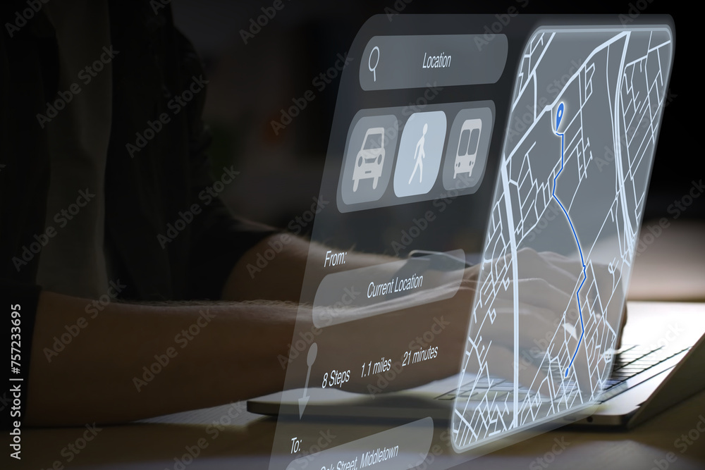 fictional software with with map and a navigation for a route between ...