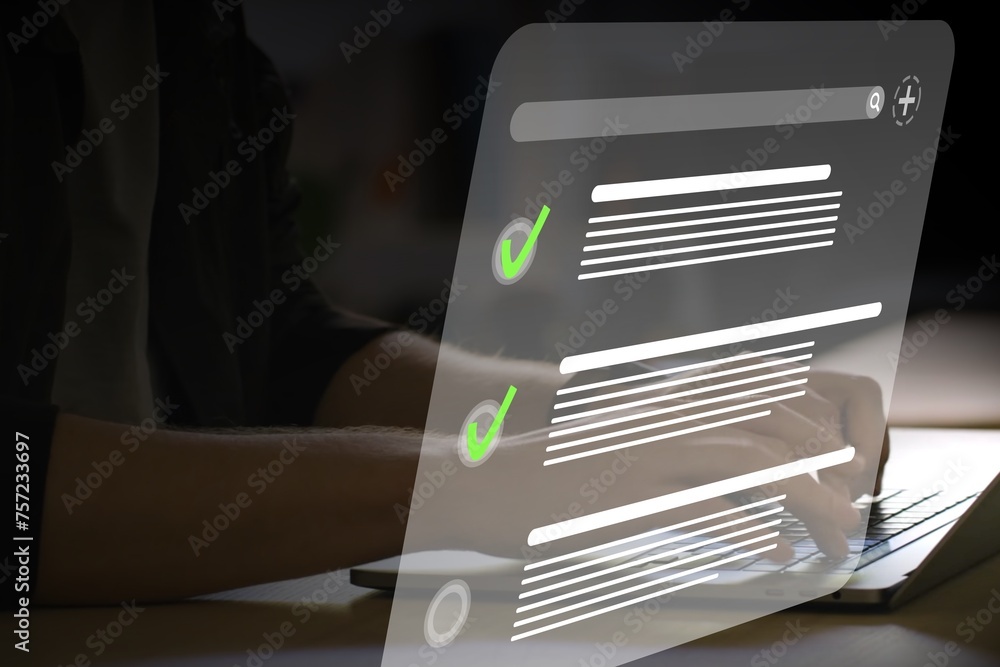 fictional software with a checklist and checked off points hovering as ...