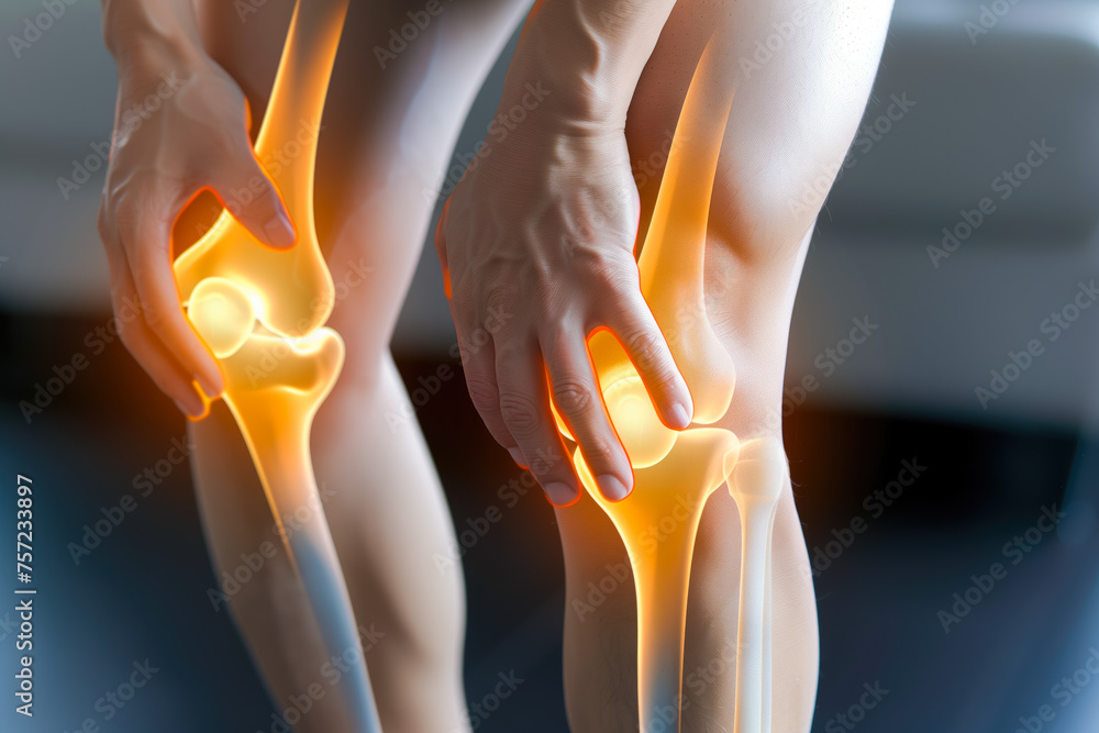 Man suffering from knee pain. Digital composite of highlighted male ...