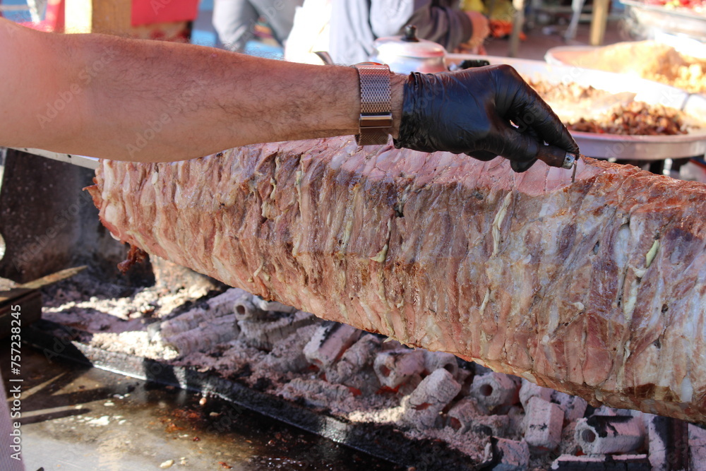 traditional turkish oltu cag crochet shish kebab doner grilled in wood ...