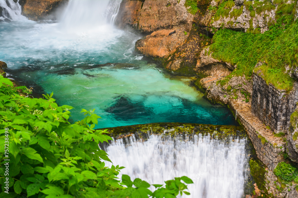 Savica waterfall with the clear turquoise water of the Velika Savica ...