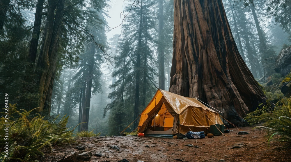 image of rain on a tent surrounded by ancient redwood trees, their ...