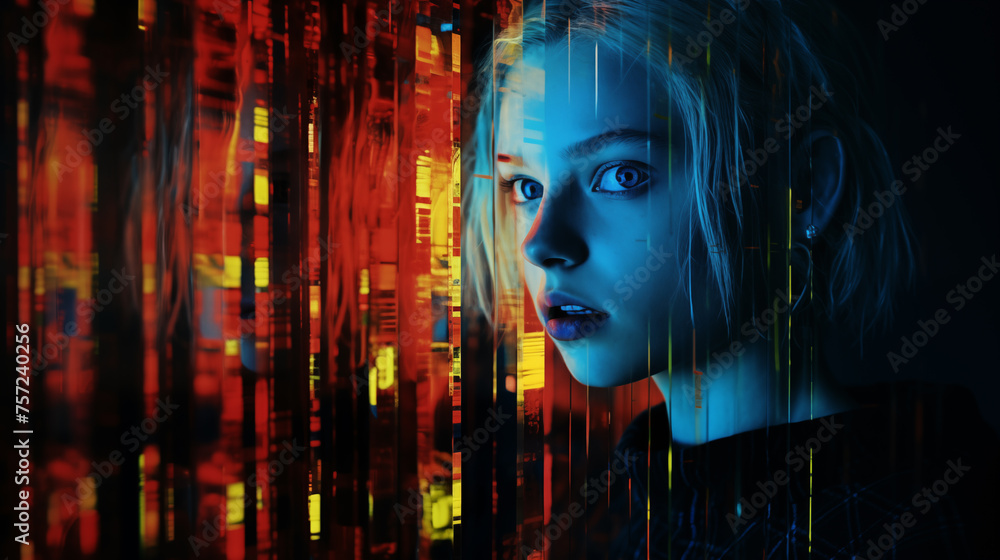 Female figure emerges from chaotic matrix of digital code ai generated ...