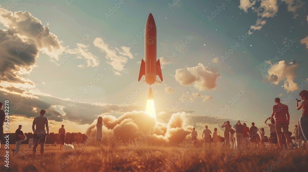 A group of people gathered together outdoors to watch a rocket launch ...