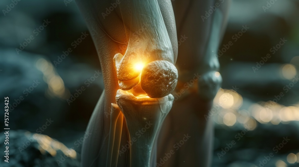 Illustrative depiction of knee joint swelling, focus on medical and ...