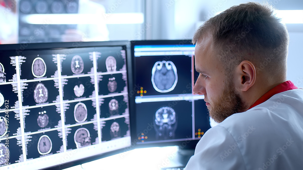 Medical hospital: neurologist use computer, analyze patient's MRI ...