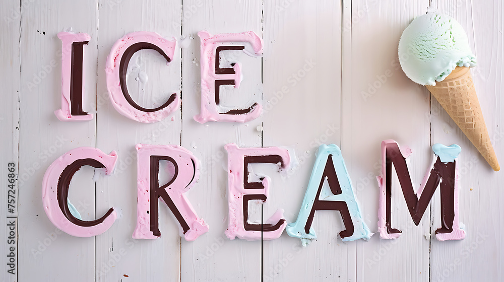 words “ICE CREAM” in pastel-colored letters, accompanied by a delicious ...