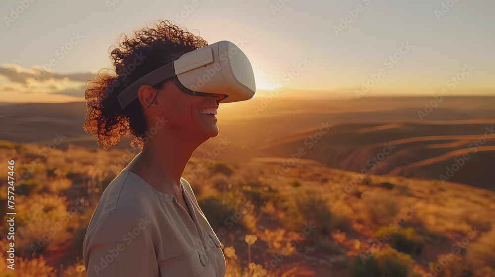 Woman experiencing virtual reality in desert landscape at sunset ...