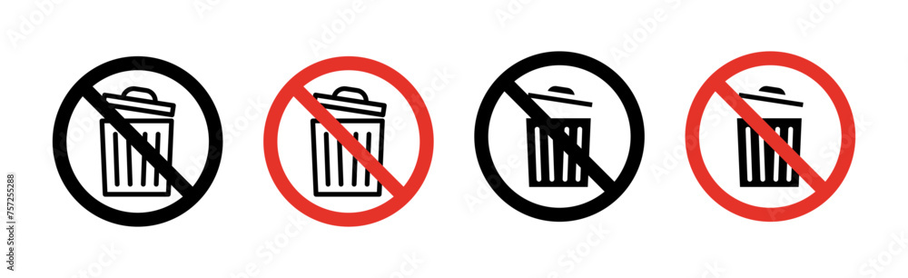 No trash sign icon set. Ban on littering and improper waste disposal ...
