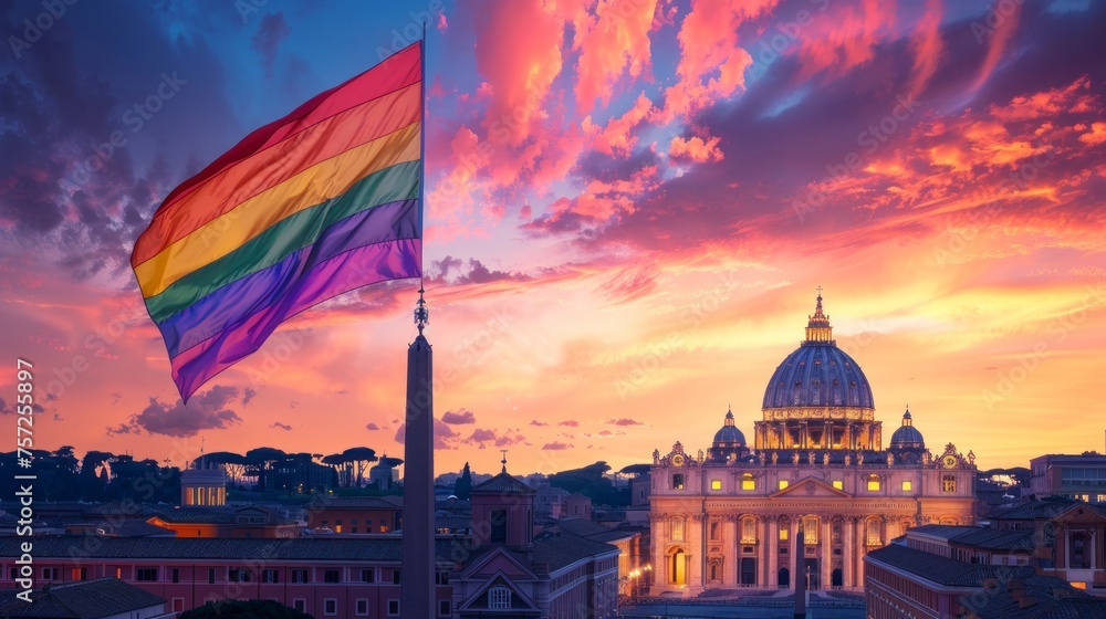gay flag waving next to St. Peter's Basilica on a beautiful sunset in ...