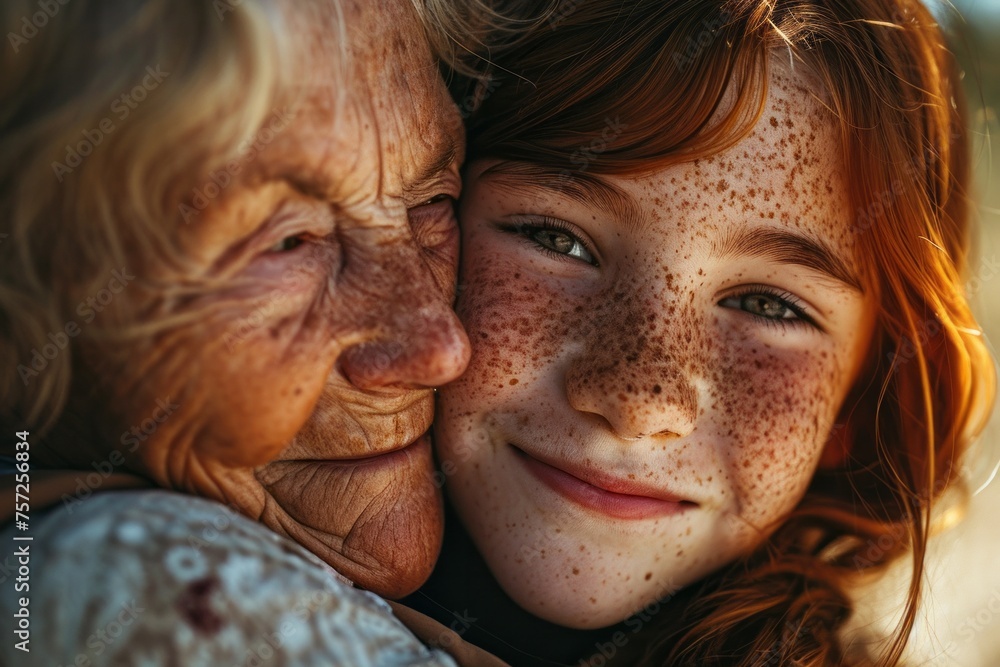 Close up grandmother hugs her granddaughter tightly. A red-haired ...
