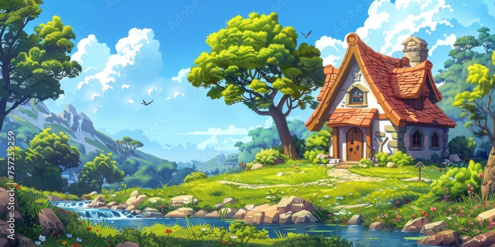 Design an enchanting fantasy game background with a rustic cottage ...