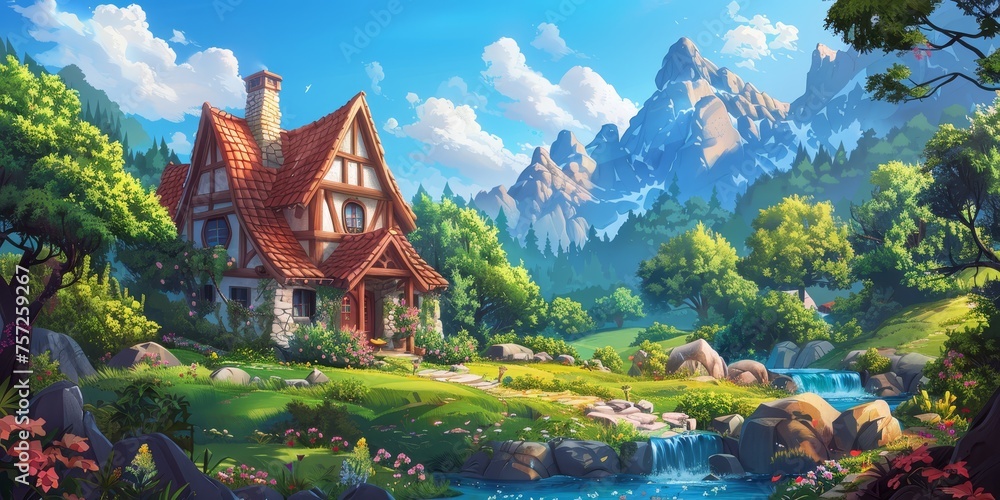 Design an enchanting fantasy game background with a rustic cottage ...
