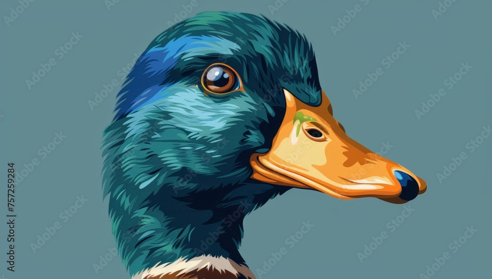 Duck face cartoon vector illustration with head closeup on blue ...