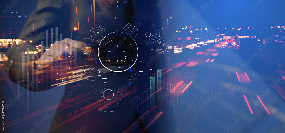 Cg tech collage. A hand with a magnifying glass from which waves and ...