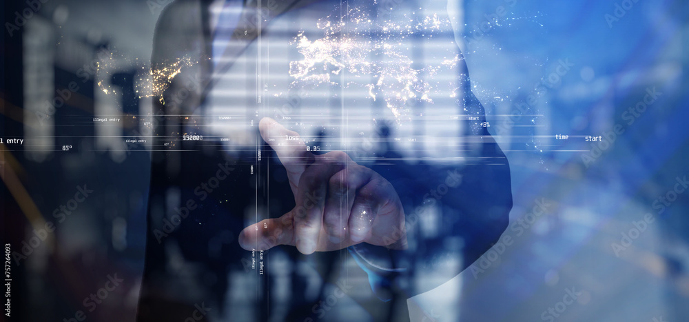 Cg tech collage. Dark background with a silhouette of a business man ...