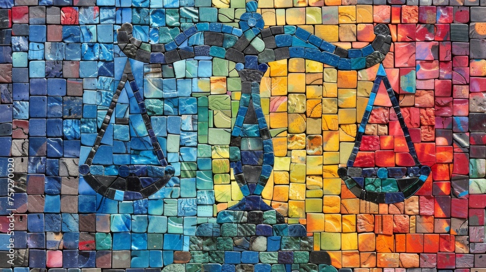 Justice symbols mosaic, diverse icons forming a larger image of scales ...