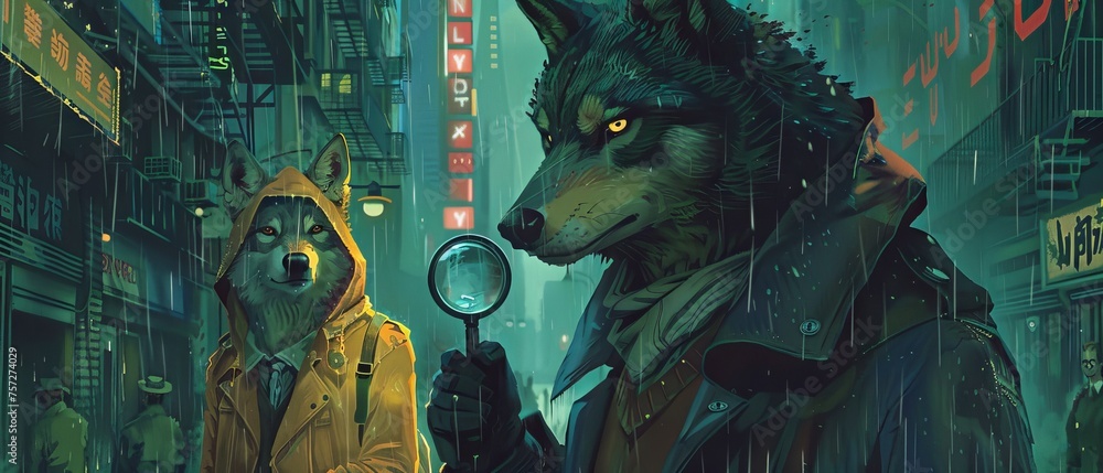 On rain slicked city streets a robot wolf detective and a human ...