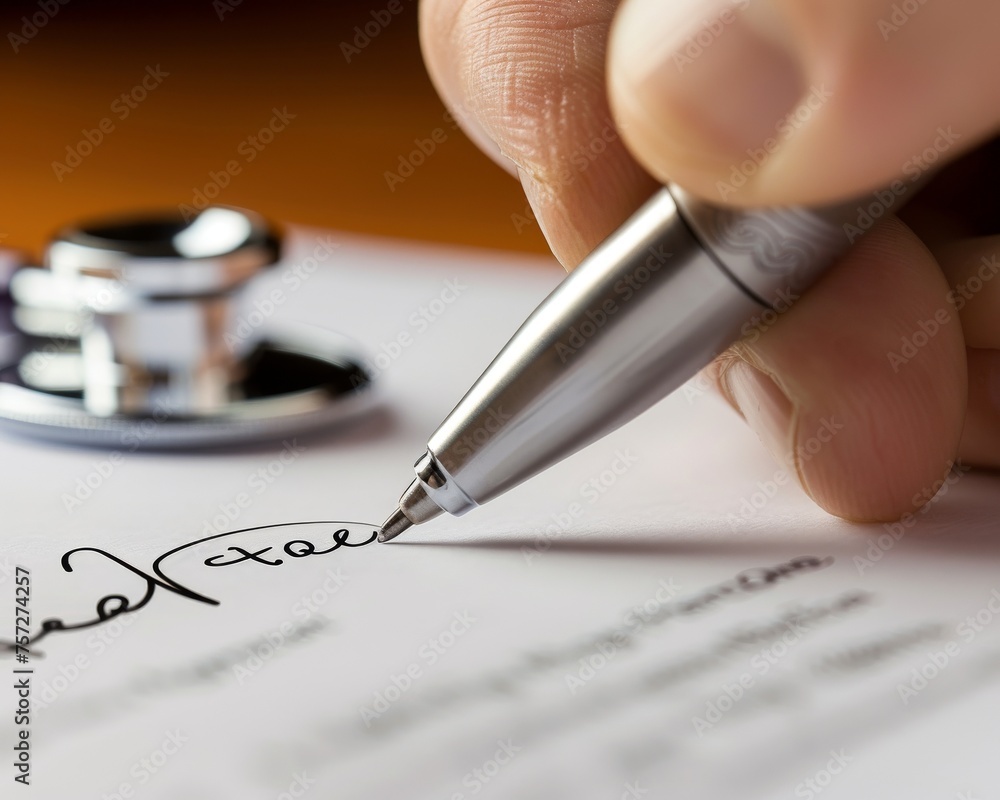 Hand signing a medical document close up emphasizing the signature and ...