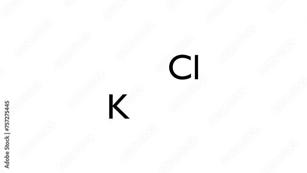 potassium chloride molecule, structural chemical formula, ball-and ...