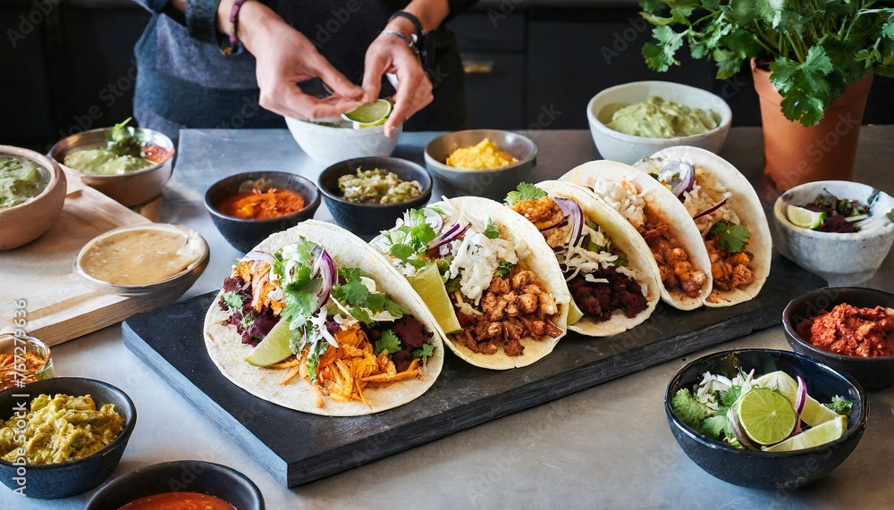 A DIY taco bar with an assortment of fillings and toppings, inviting ...