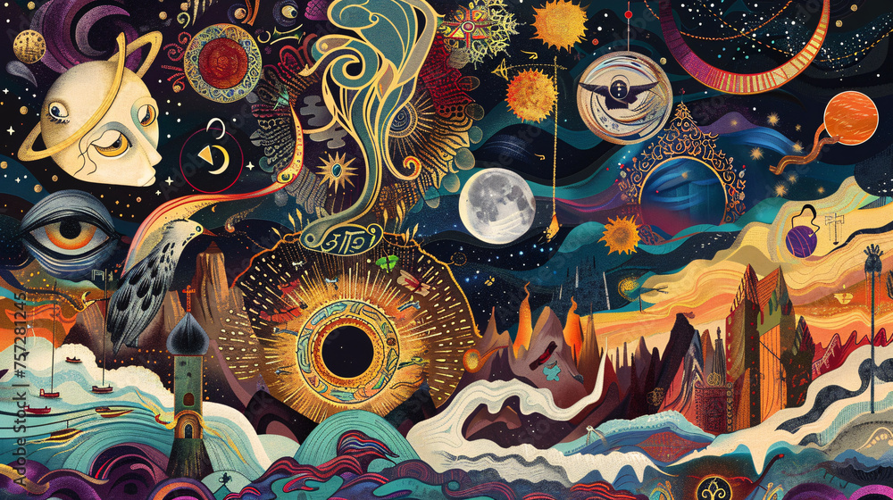 Illustrate a tapestry weaving together elements from various religions ...