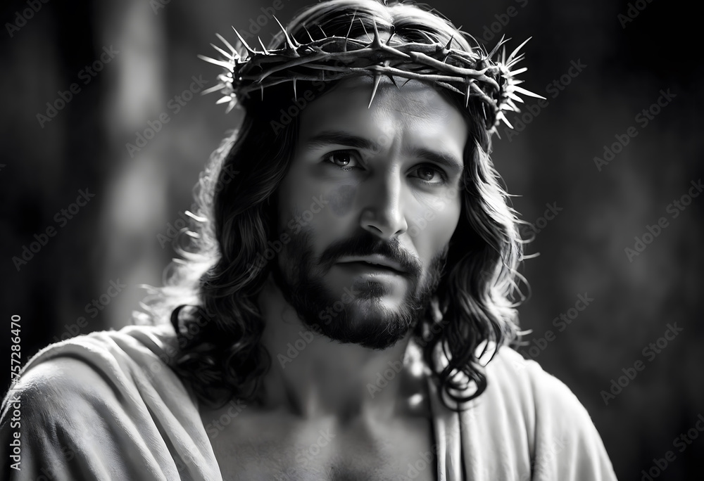 Jesus Christ with a crown of thorns on his head, black and white ...