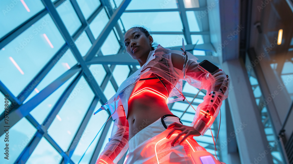 A model striking a pose in a cutting-edge outfit integrated with ...