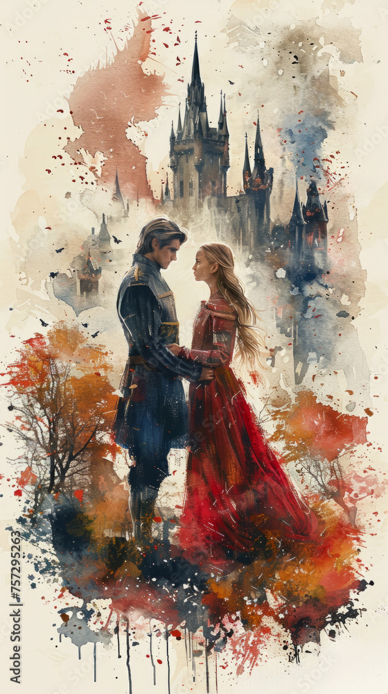 Fantasy watercolor illustration of a medieval couple in elegant attire ...