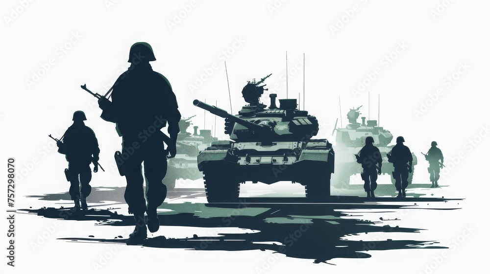 simple vector icon of soldiers an tanks, white background, concept: war ...