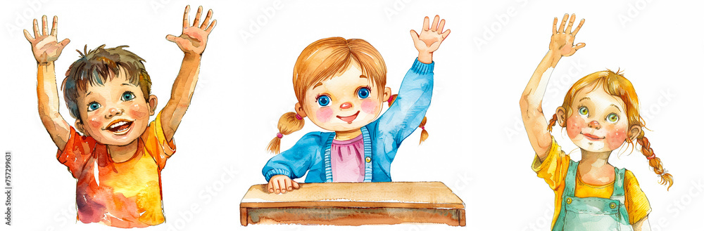 watercolor illustration clipart of a cute preschooler eagerly raising ...