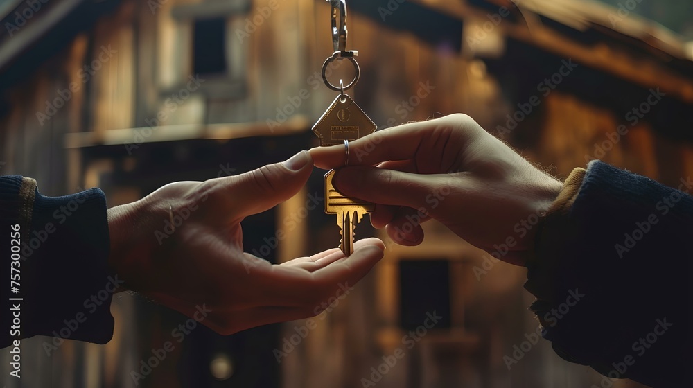 Poster Close-up of handover of house keys against a blurry home ...