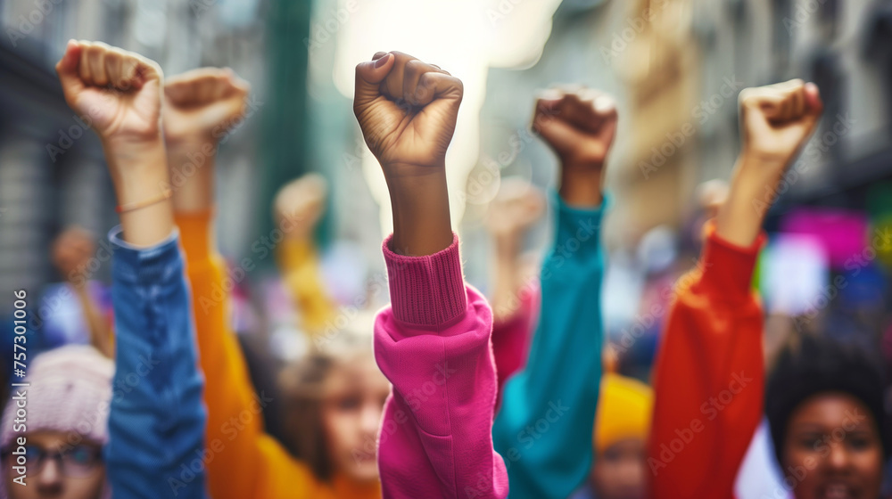 Diverse people in a crowd protest in the street with raised fists ...