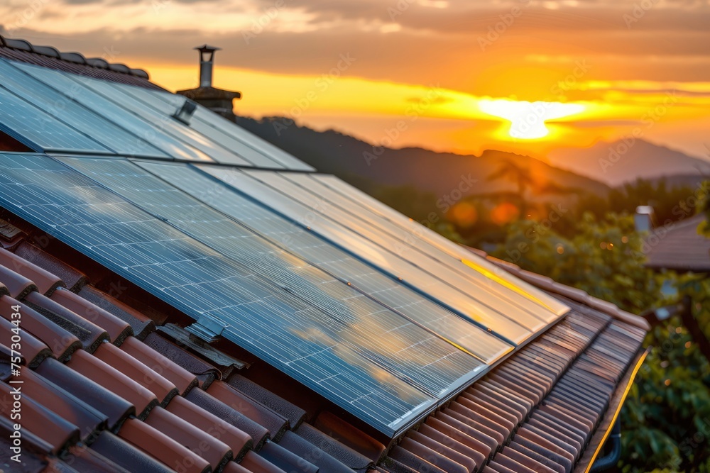 Solar photovoltaic panels on the tiled roof of house against sunset ...