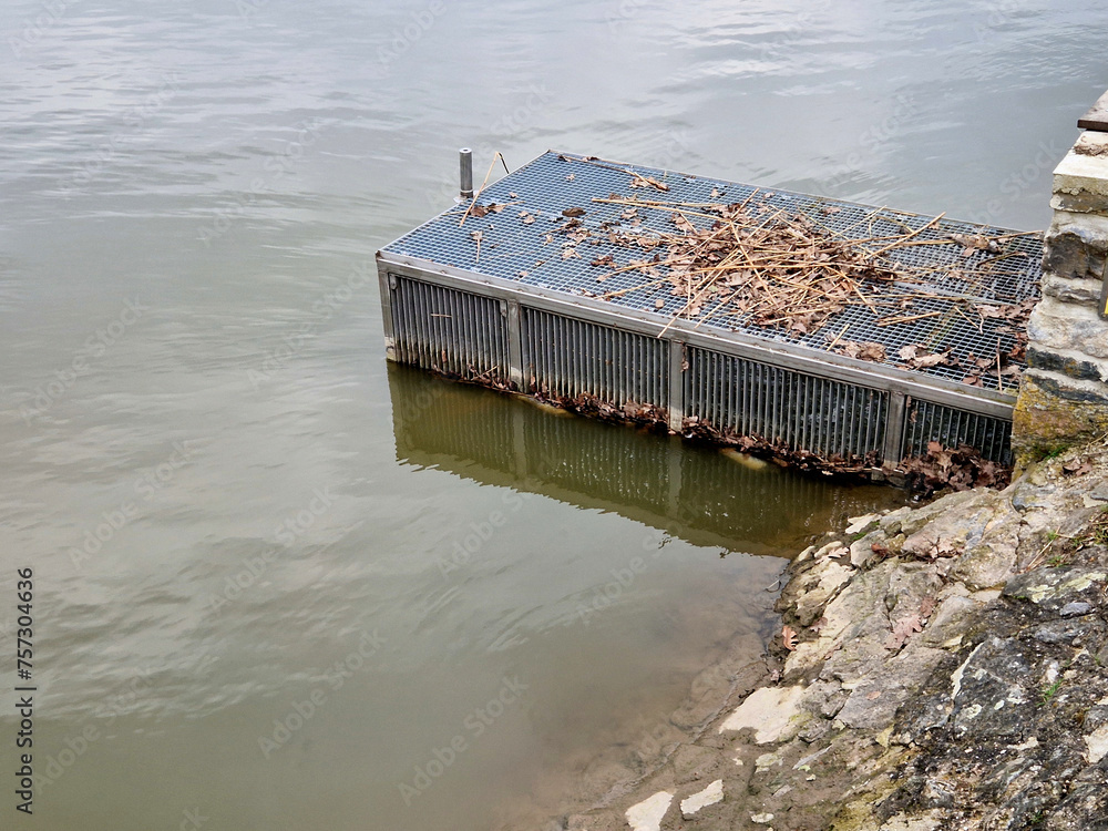 pond sluice, water reservoirs with regulation and concrete dam shaft ...