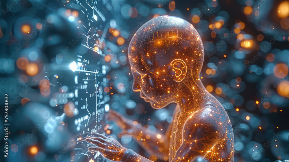 Digital human fetus avatar interacting with futuristic interface ...