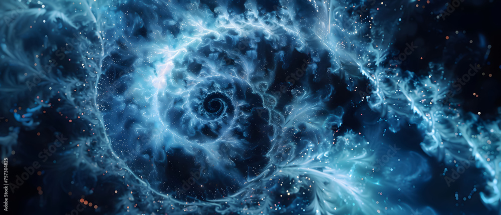 Against the infinite void of a black abyss, luminous spirals of azure ...