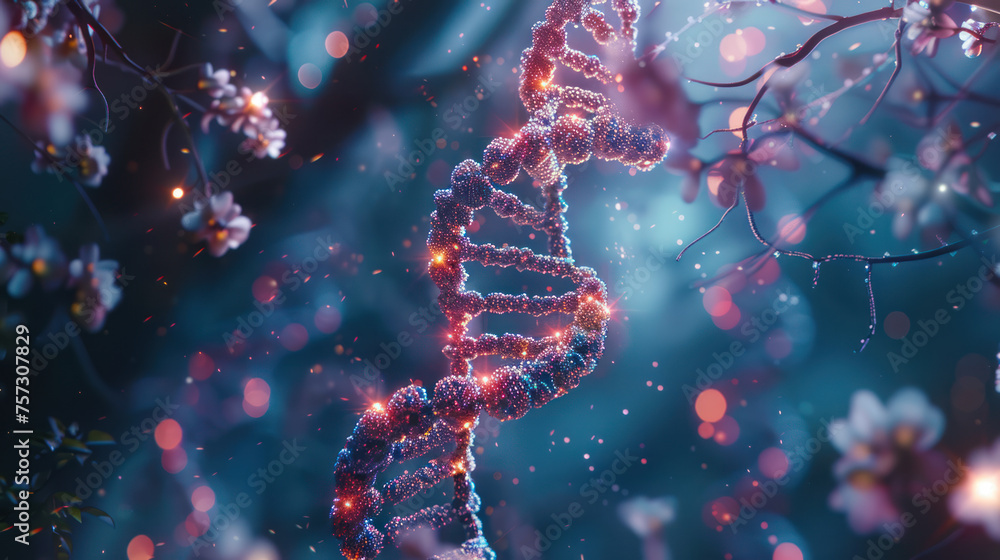 DNA strand with mutations highlighted in red among cellular structures ...